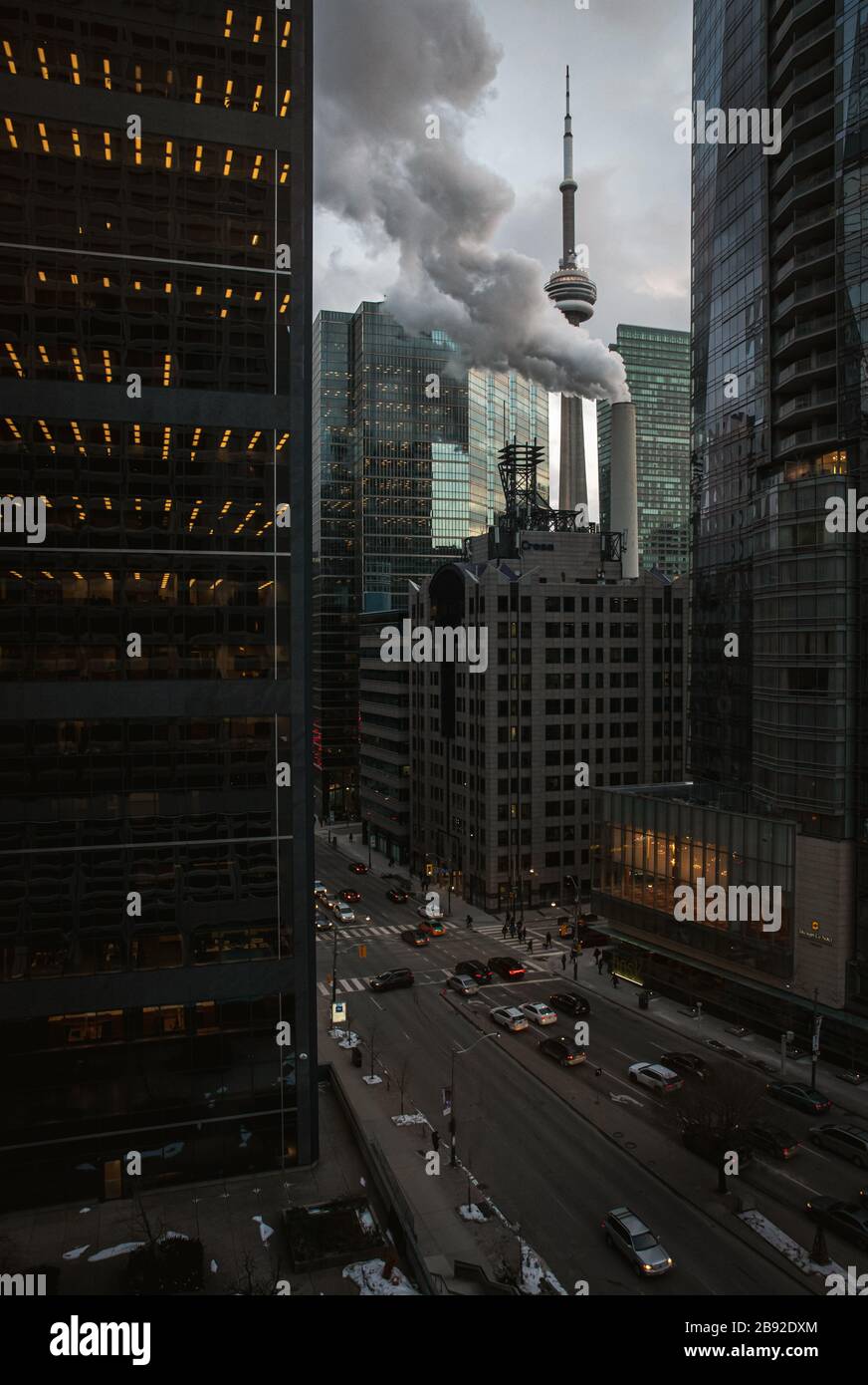 CN Tower, tall buildings and streets in downtown Toronto, Canada Stock ...