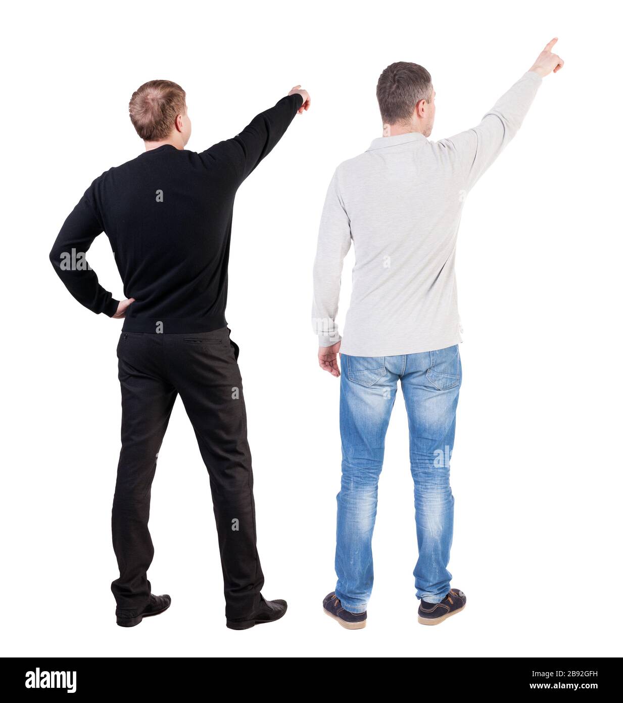 Back view of two man in sweater pointing. Rear view people collection ...