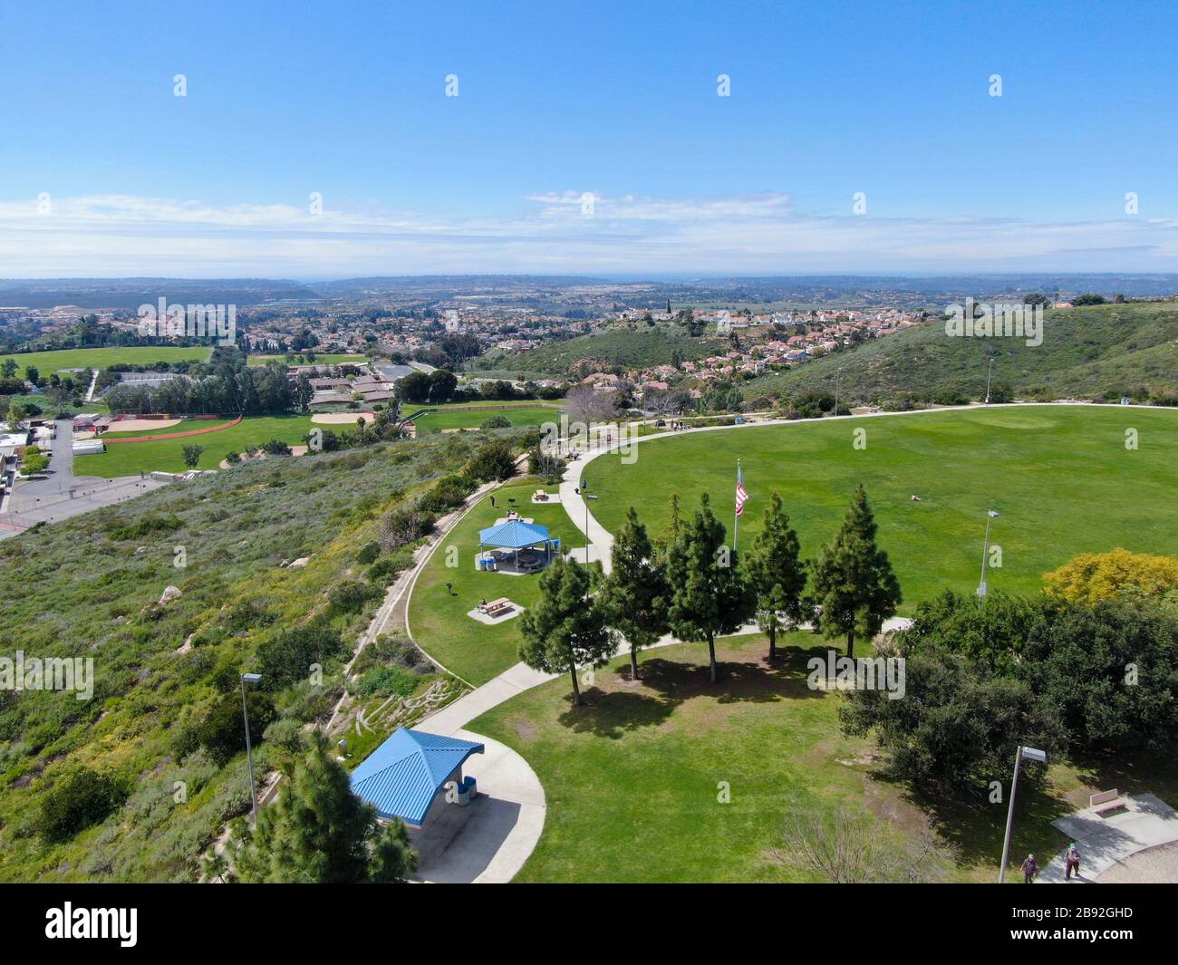 Aerial view of small community park with playground for kids in upper ...