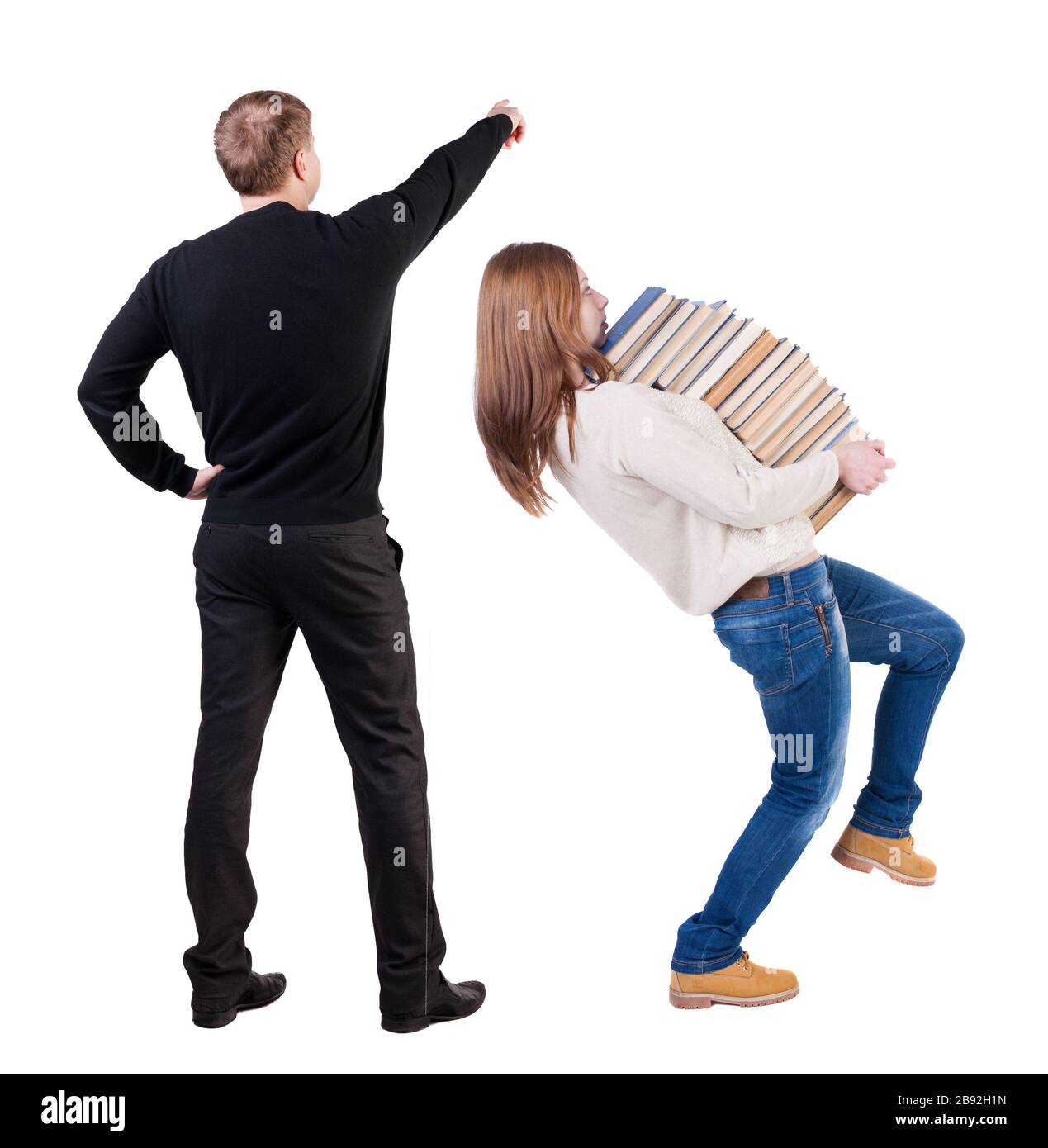 Back view of couple in sweater pointing. Rear view people collection ...