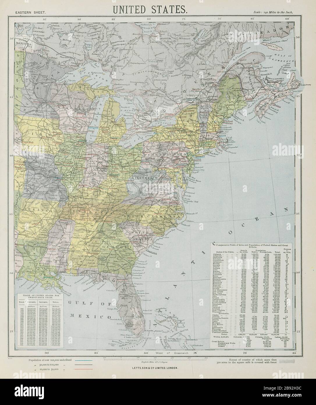 EASTERN UNITED STATES. Railroads. Population table. LETTS 1884 old ...