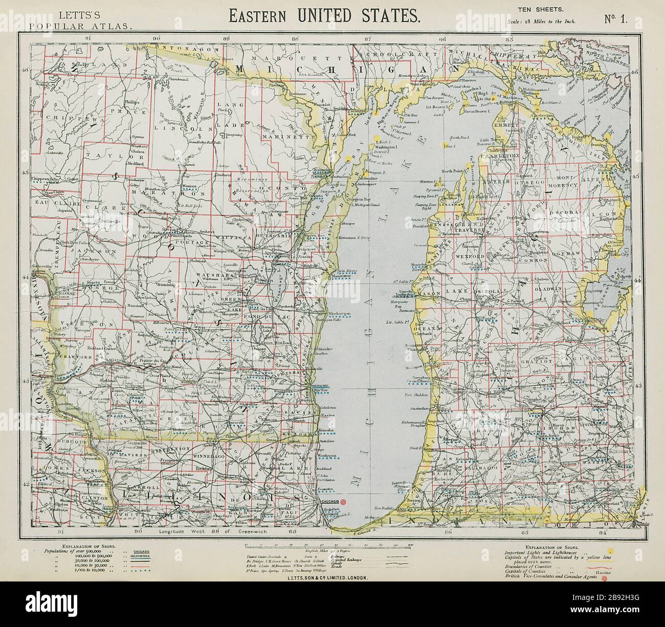 LAKE MICHIGAN. Wisconsin Michigan Chicago. Railroads Lighthouses. LETTS ...
