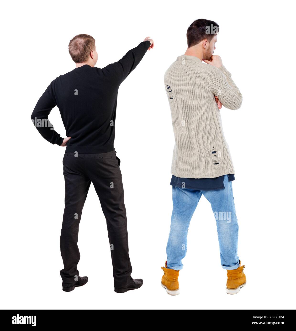 Back view of two man in sweater pointing. Rear view people collection ...