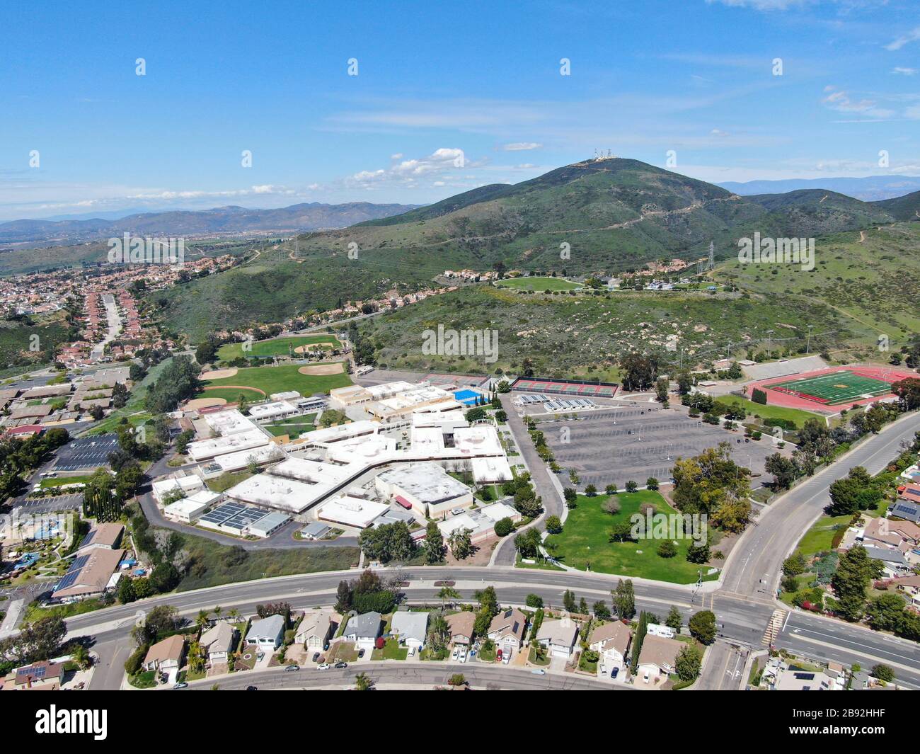 Aerial view of upper middle class neighborhood with residential ...