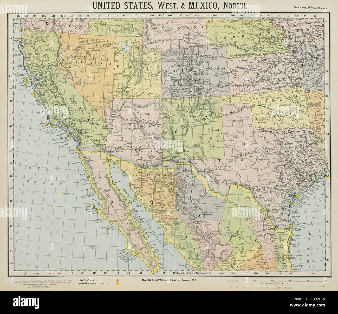 SOUTHWESTERN USA & NORTHERN Mexico. California Texas. Railroads. LETTS ...