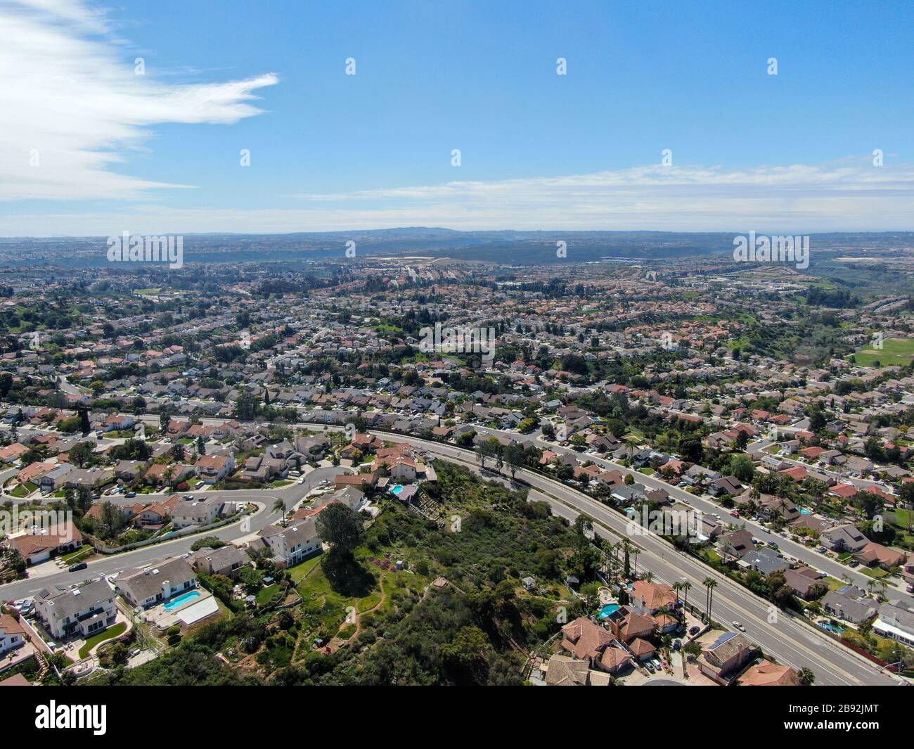 Aerial view of upper middle class neighborhood with residential ...