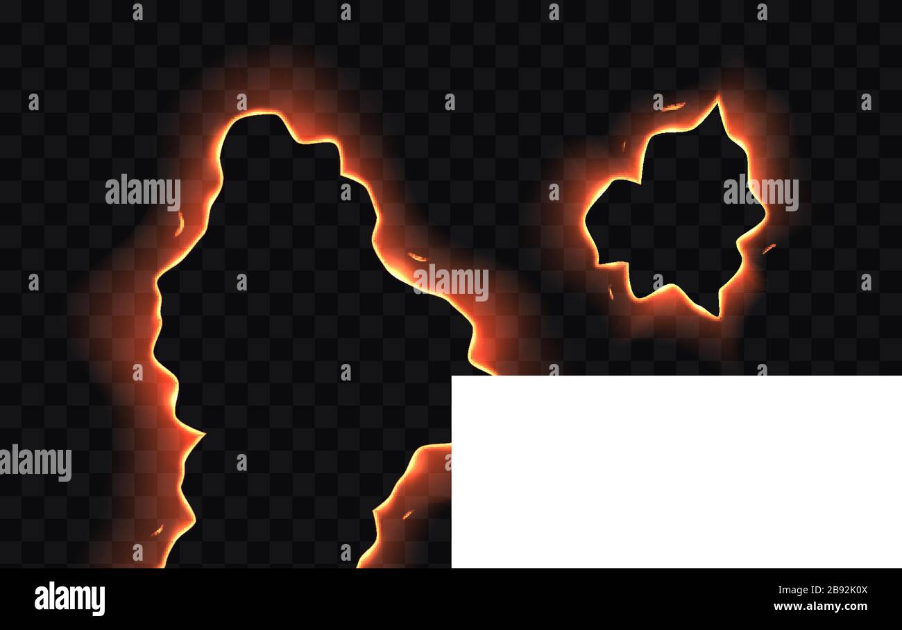 Set of burning paper holes, edges, frames with fire sparks isolated on ...