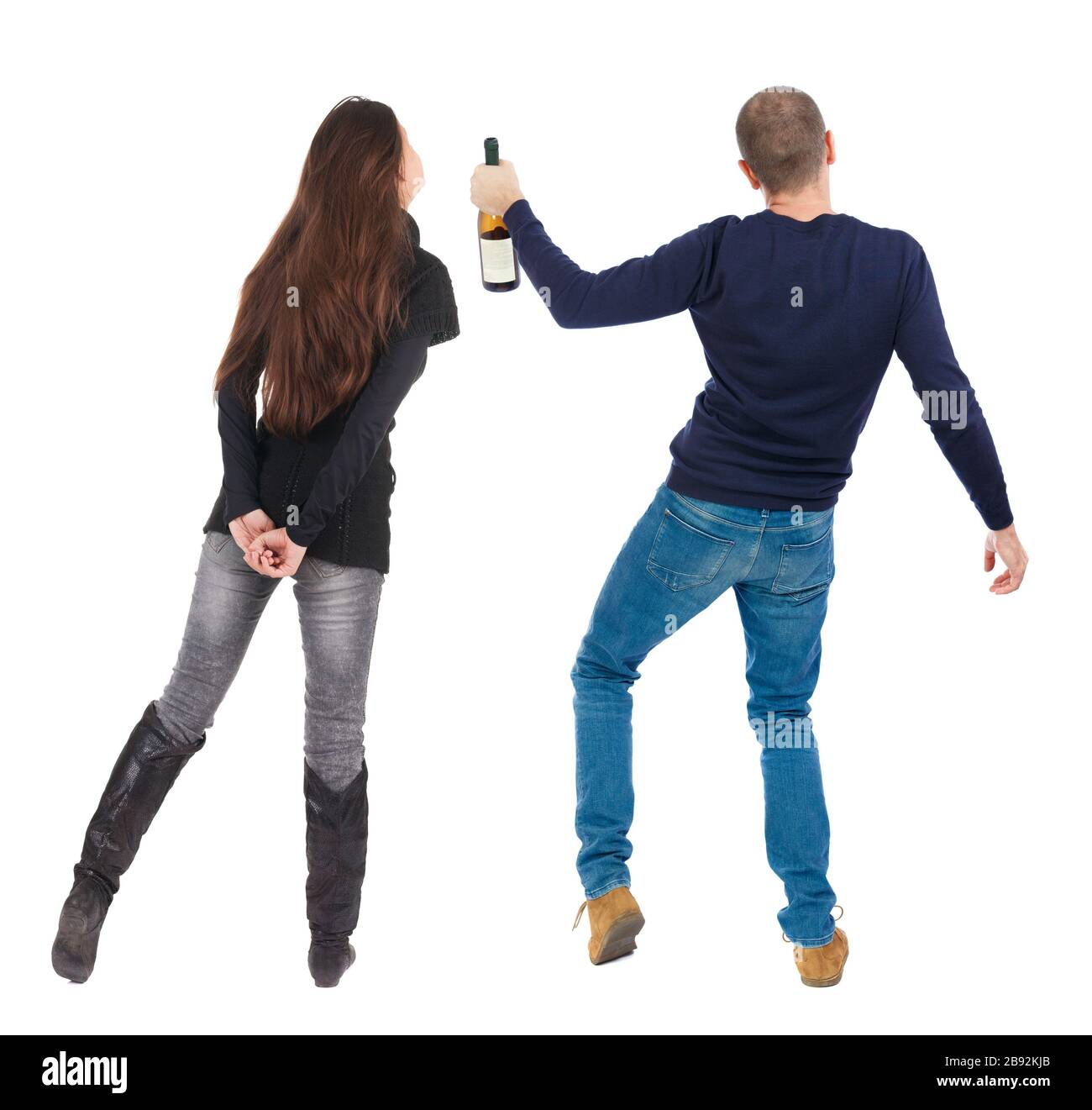 Back view couple in sweater. beautiful man and woman. Rear view people ...