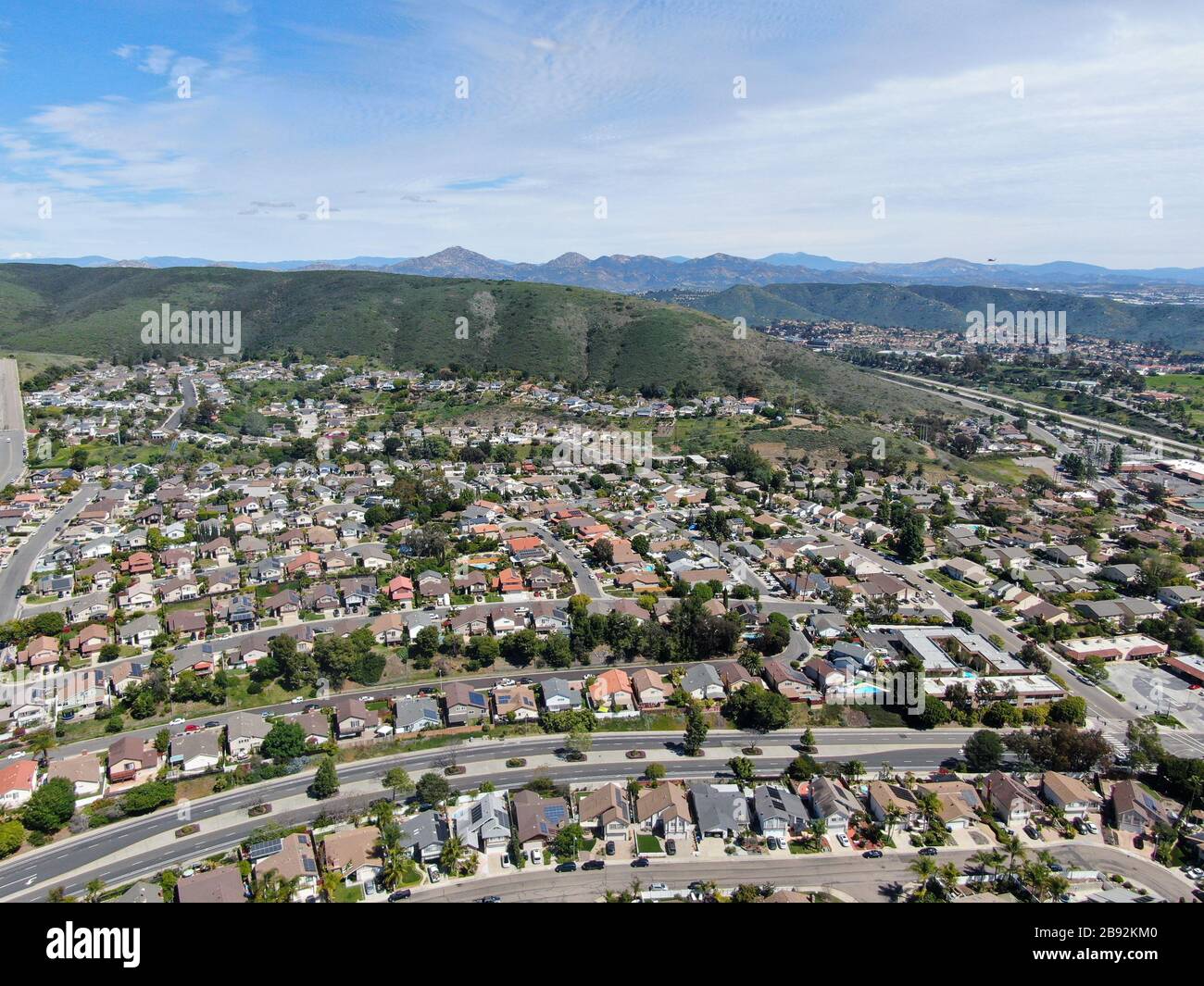 Aerial view of upper middle class neighborhood with residential ...