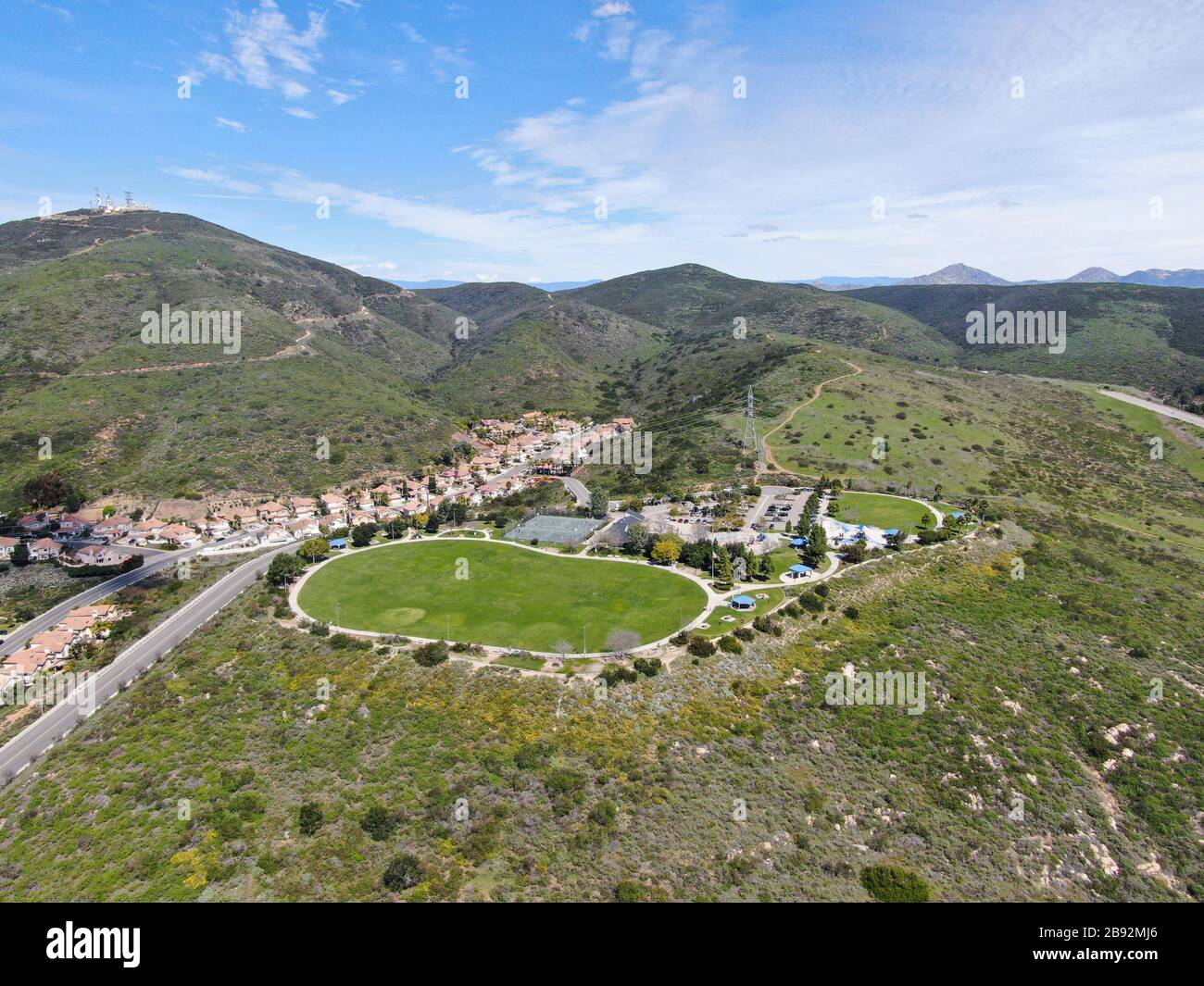 Aerial view of small community park with playground for kids in upper ...