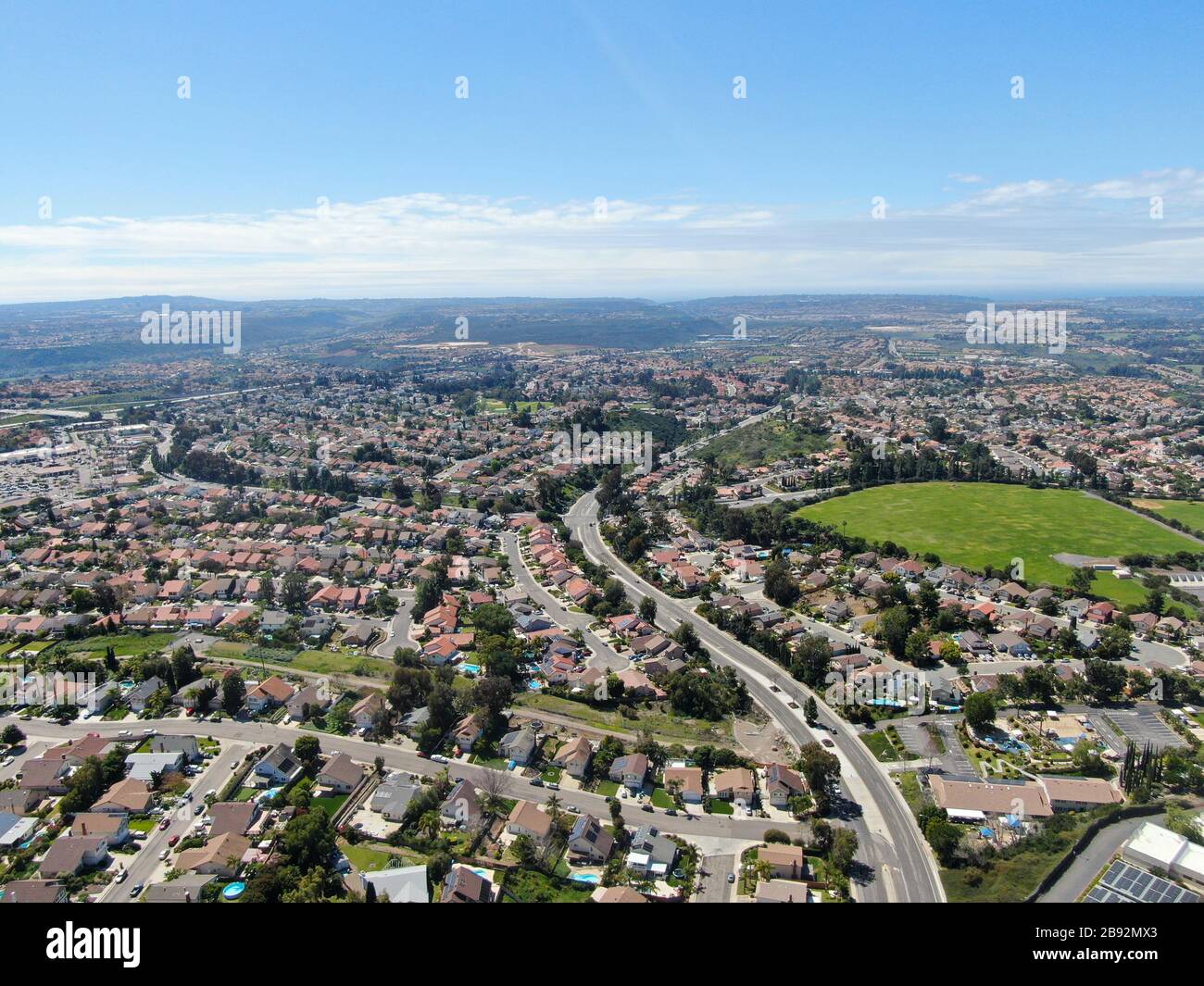 Aerial view of upper middle class neighborhood with residential ...