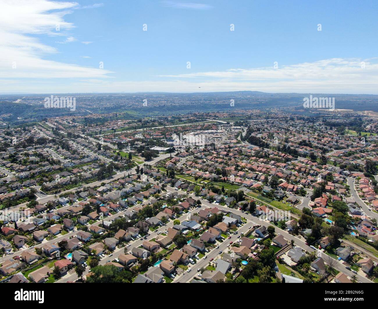 Aerial view of upper middle class neighborhood with residential ...