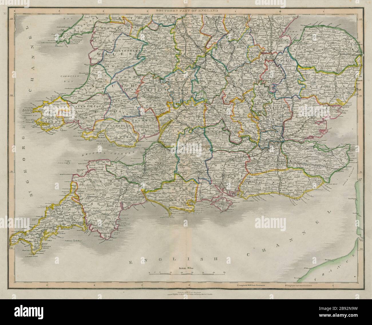 Southern England & Wales with all the railways. LIZARS 1842 old antique ...