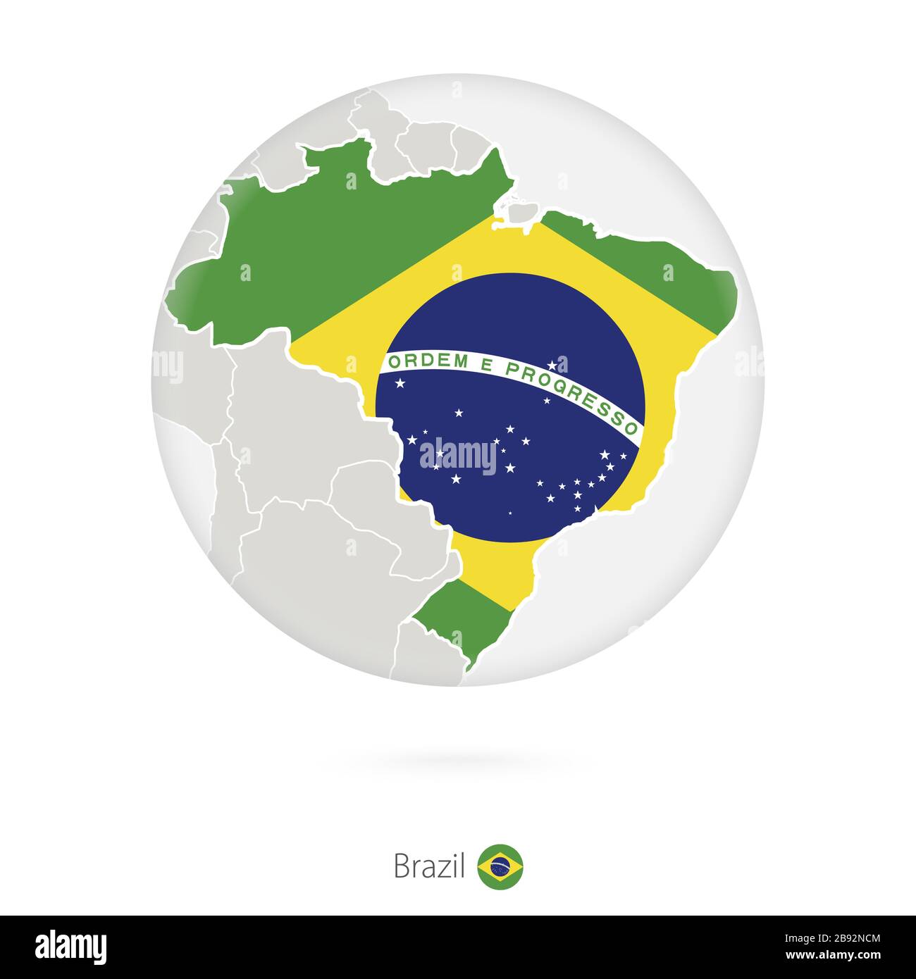Map of Brazil and national flag in a circle. Brazil map contour with ...