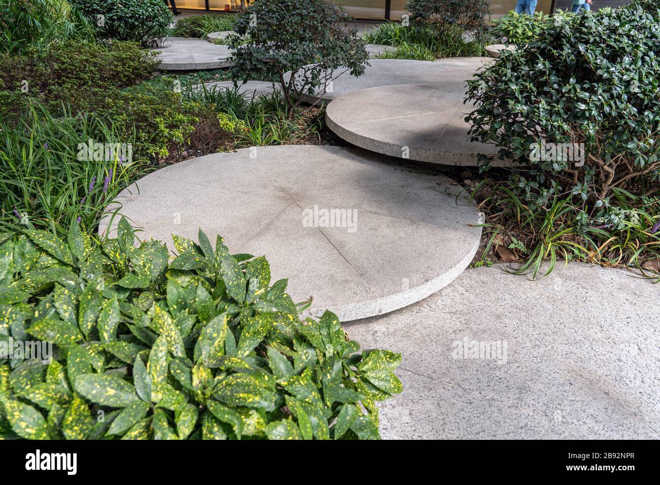 Round Concrete Steps in the Small Garden. Pathway Between Bushes ...