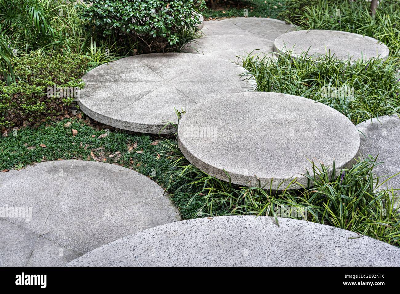 Round Concrete Steps in the Small Garden. Pathway Between Bushes ...