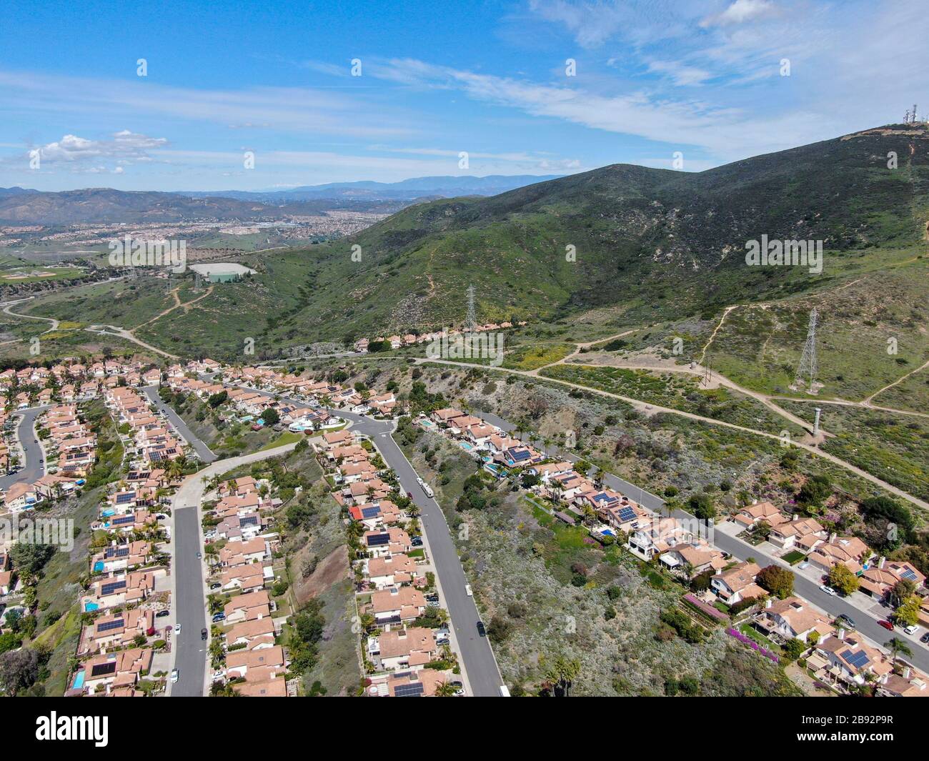 Aerial view of upper middle class neighborhood with residential ...
