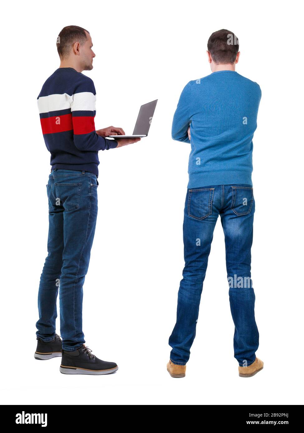 Back view two man in sweater. Rear view people collection. backside ...