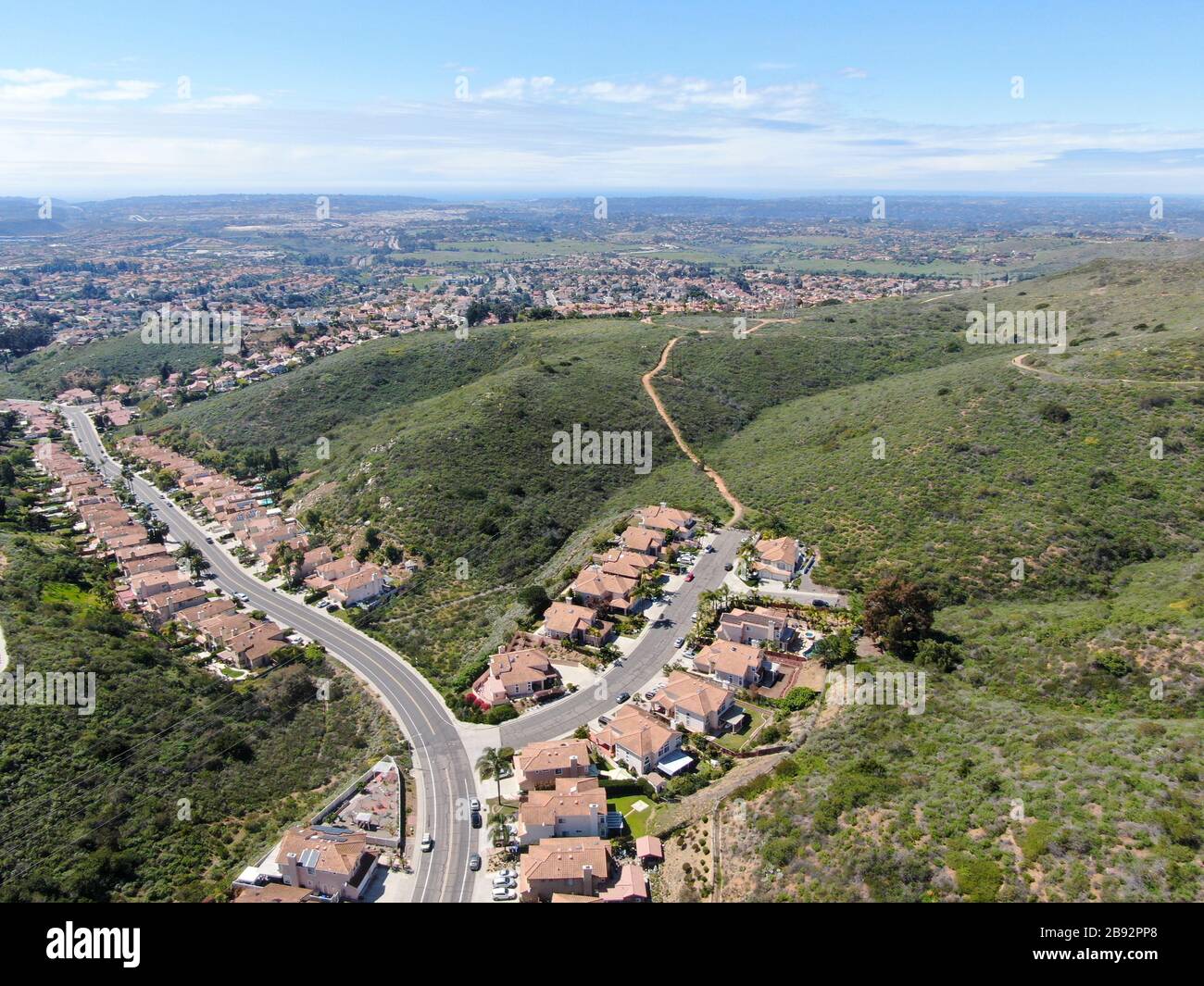 Aerial view of upper middle class neighborhood with residential ...