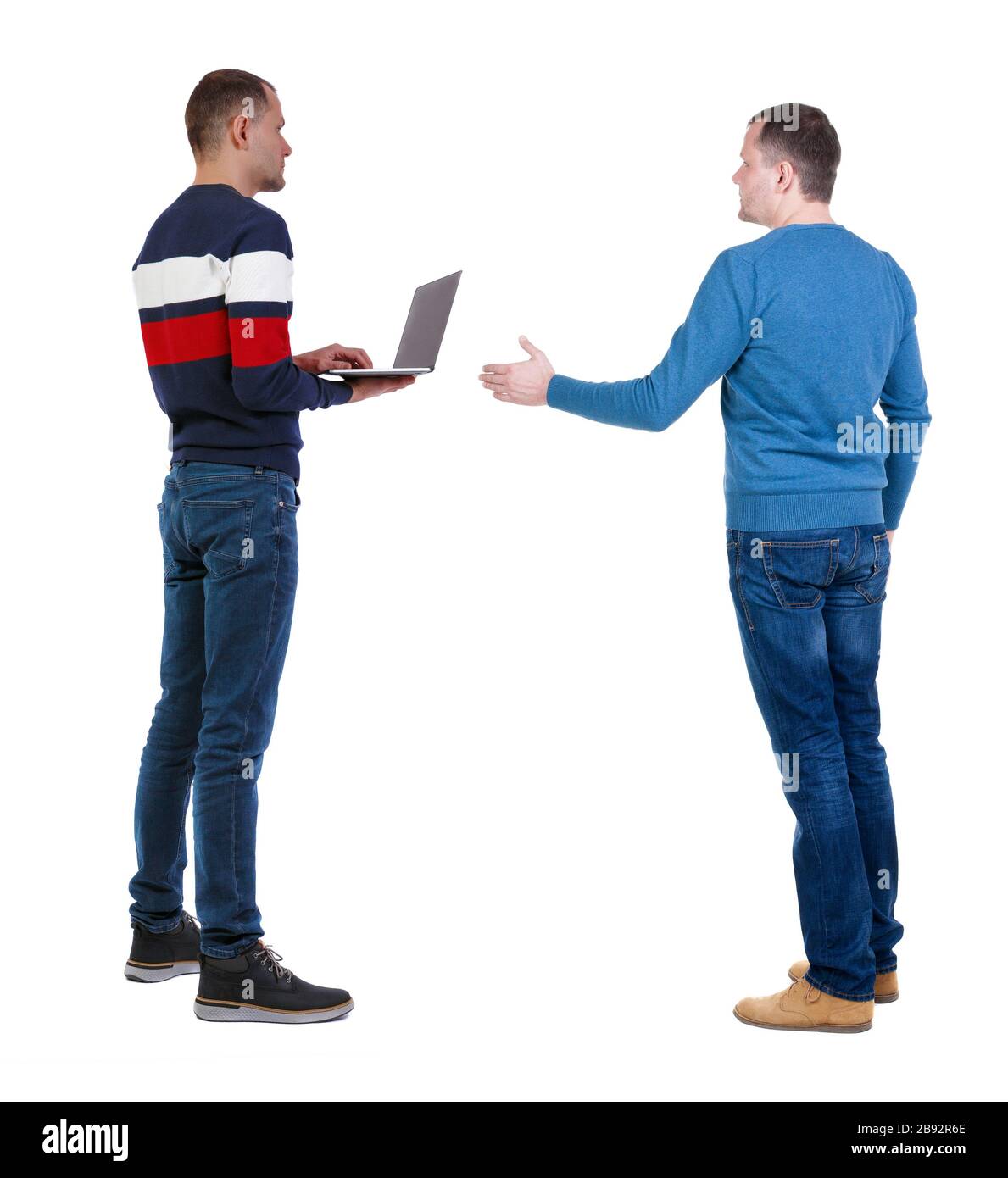 Back view two man in sweater. Rear view people collection. backside ...