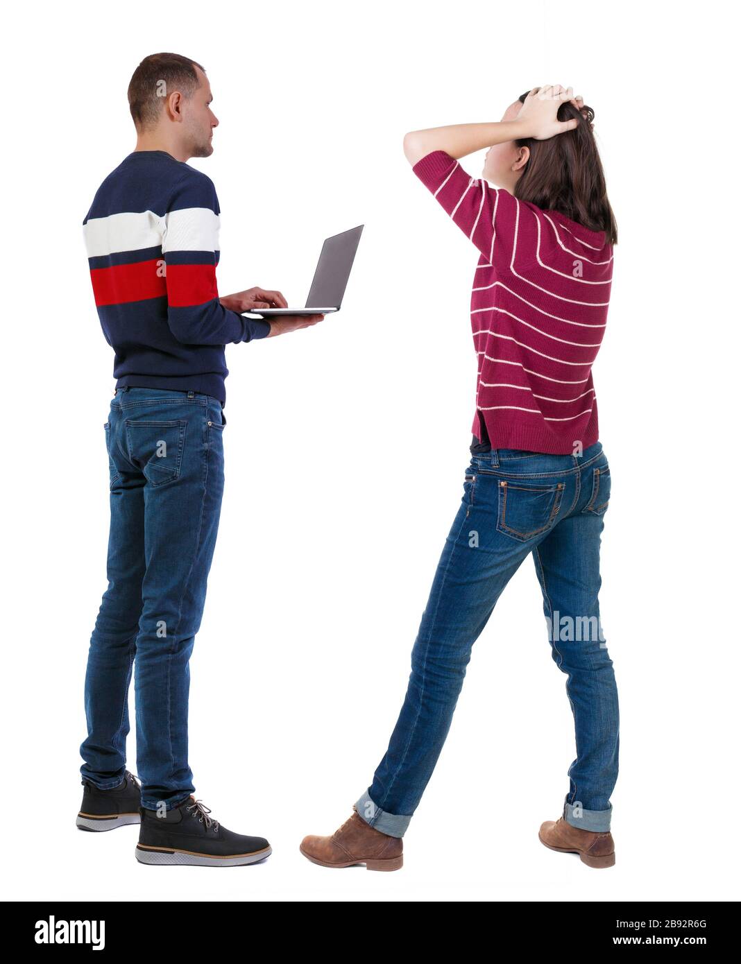 Back view couple in sweater. beautiful man and woman. Rear view people ...
