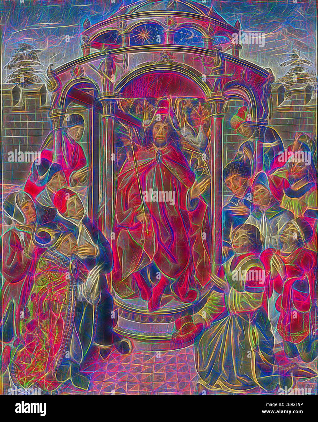 The Persian King Chosroes is worshiped as the godfather, c. 1475, mixed ...