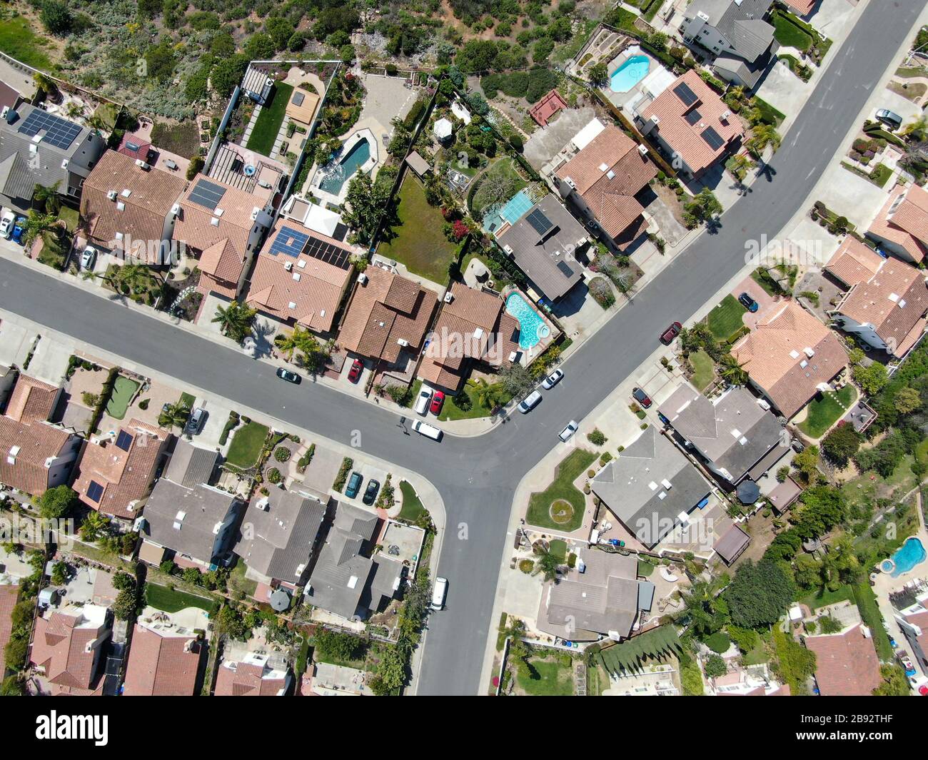 Aerial view of upper middle class neighborhood with residential ...