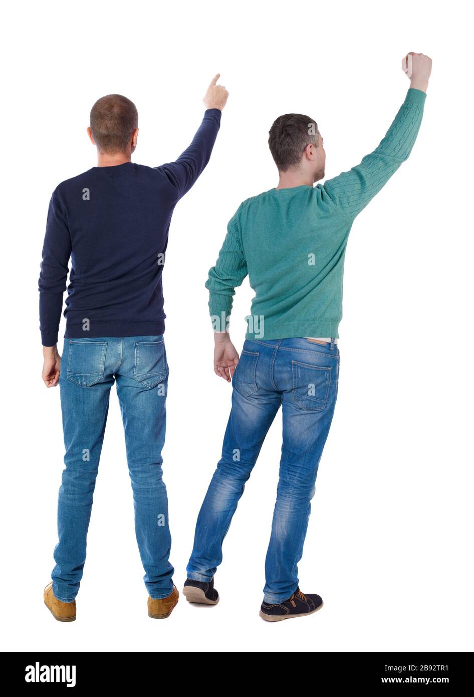 Back view of two man in sweater pointing. Rear view people collection ...