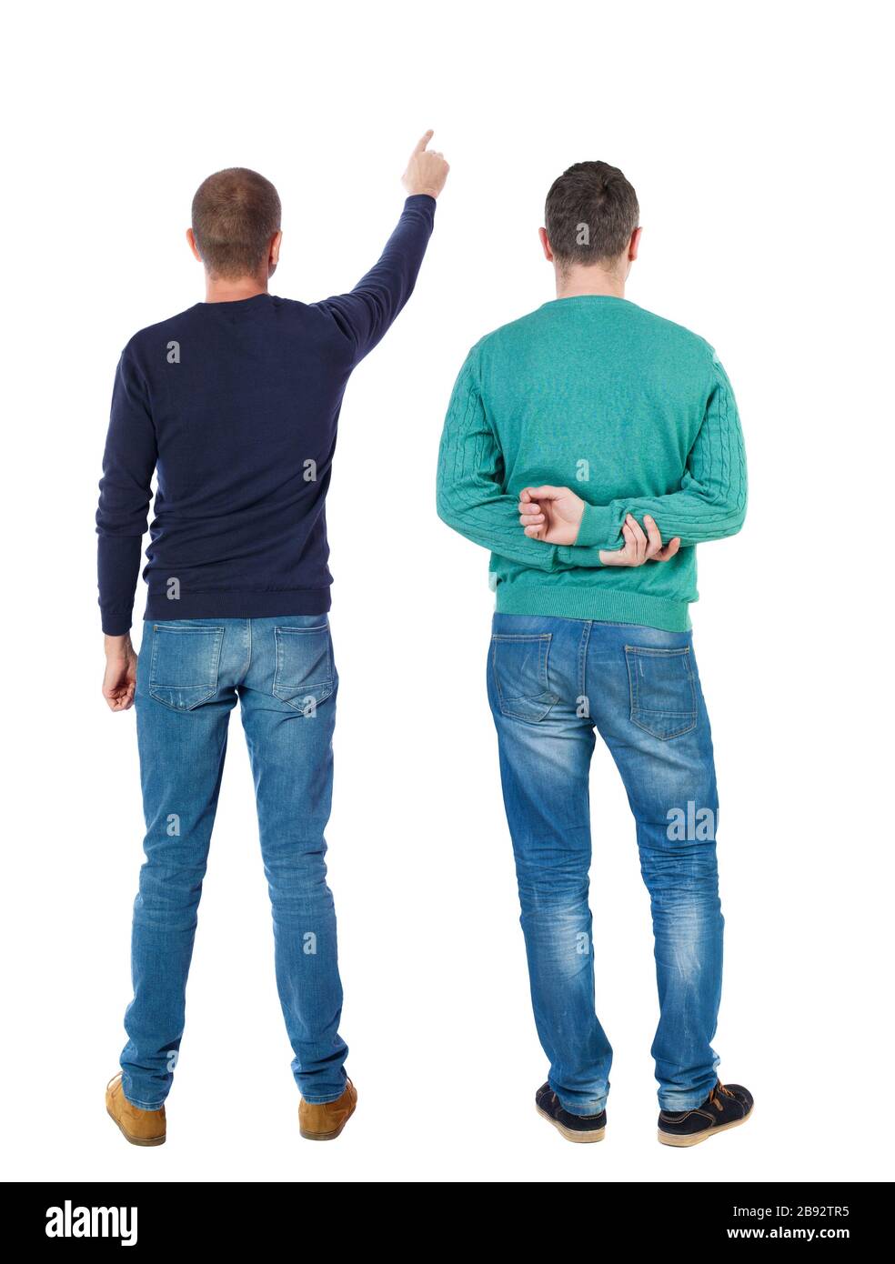 Back view of two man in sweater pointing. Rear view people collection ...