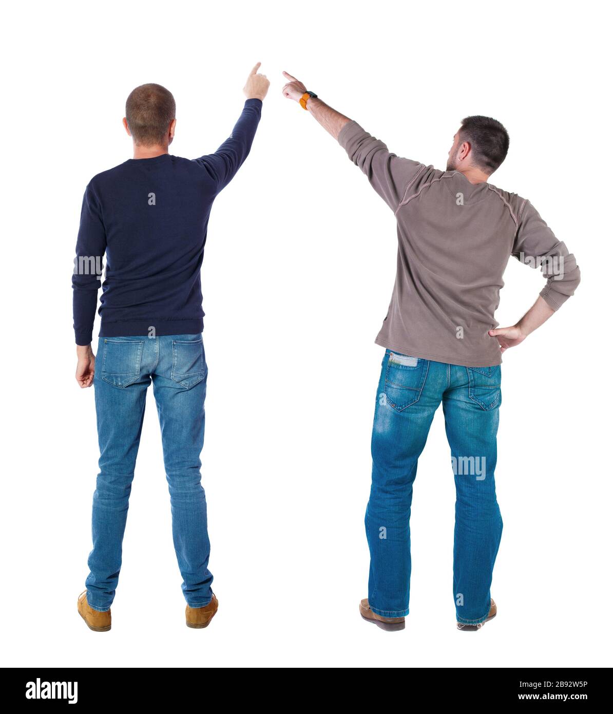 Back view of two man in sweater pointing. Rear view people collection ...
