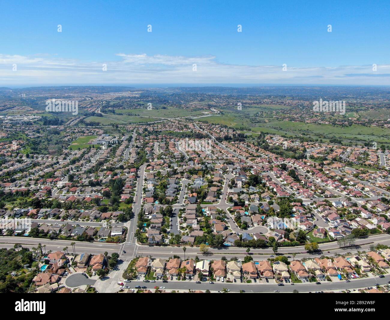 Aerial view of upper middle class neighborhood with residential ...