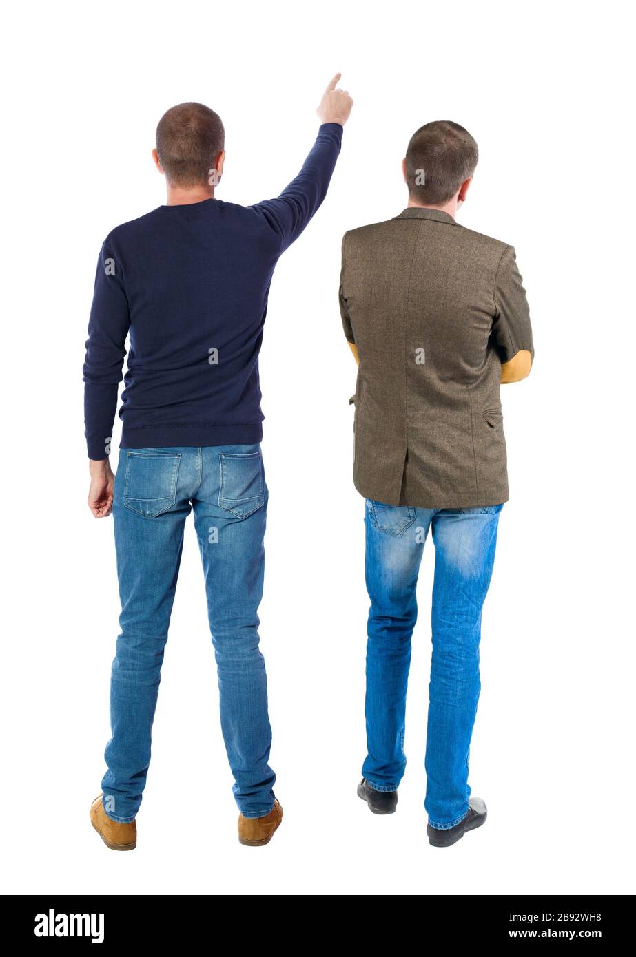 Back view of two man in sweater pointing. Rear view people collection ...