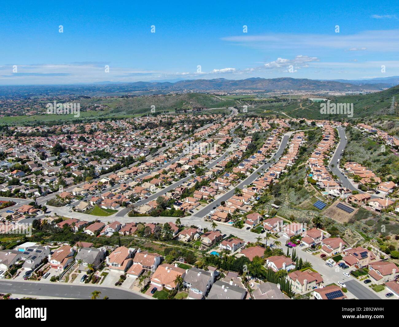 Aerial view of upper middle class neighborhood with residential ...