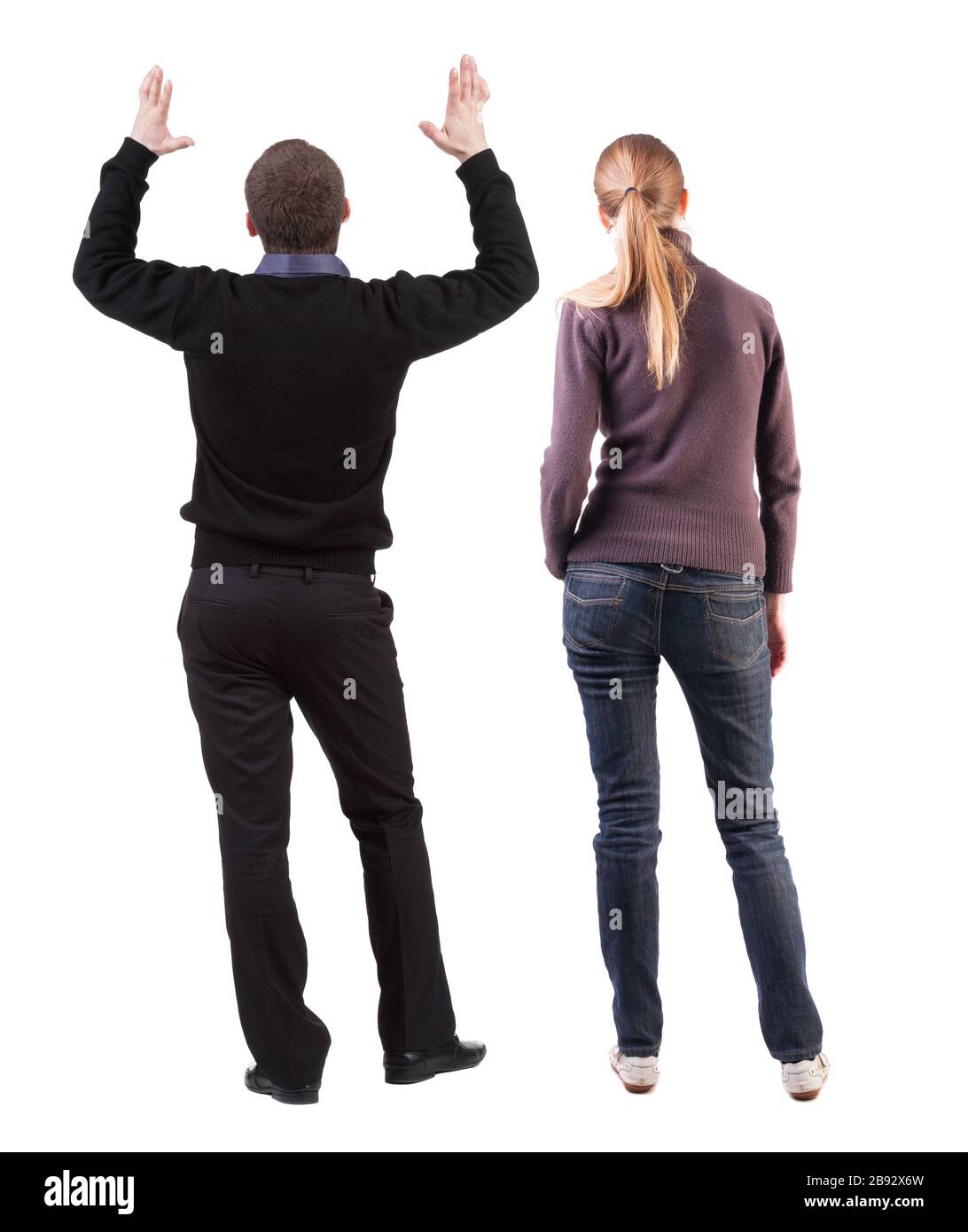 Back view couple in sweater. beautiful man and woman. Rear view people ...