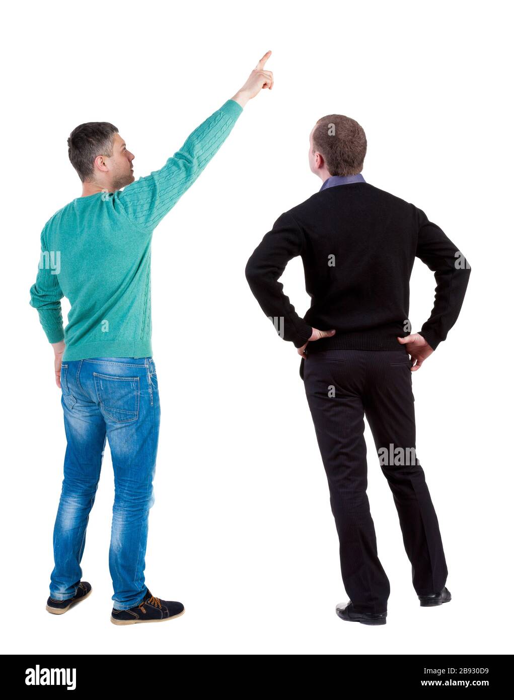 Back view of two man in sweater pointing. Rear view people collection ...