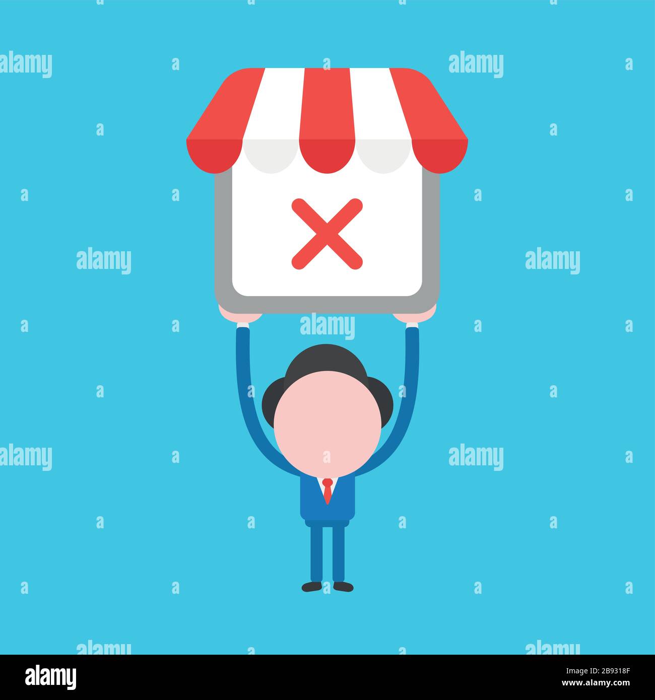 Vector illustration of businessman character holding up shop store icon ...