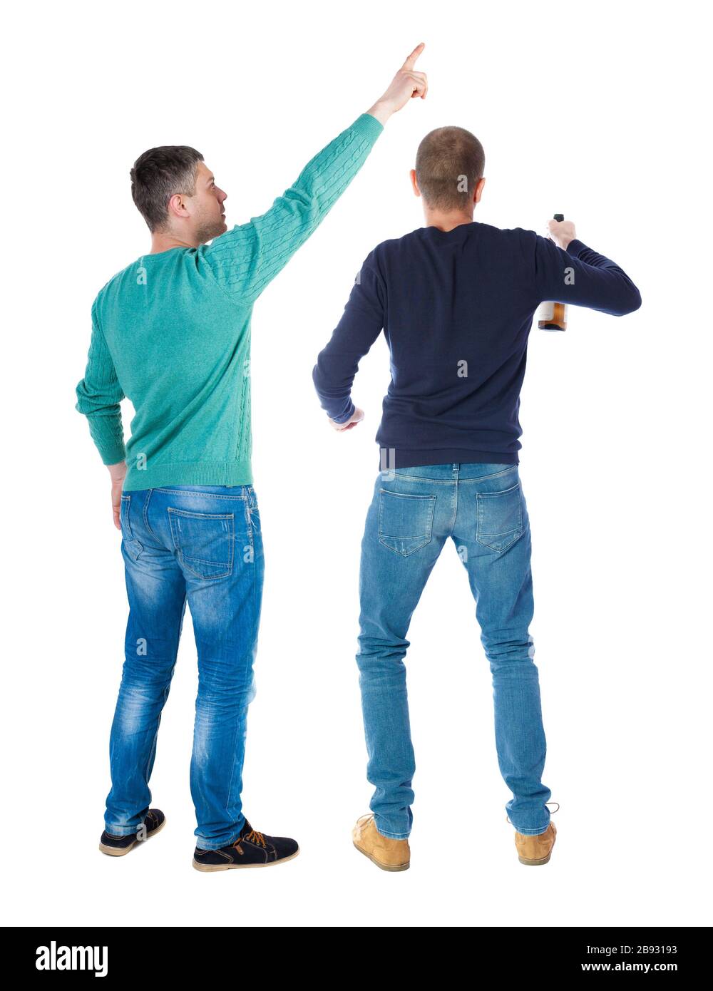 Back view of two man in sweater pointing. Rear view people collection ...