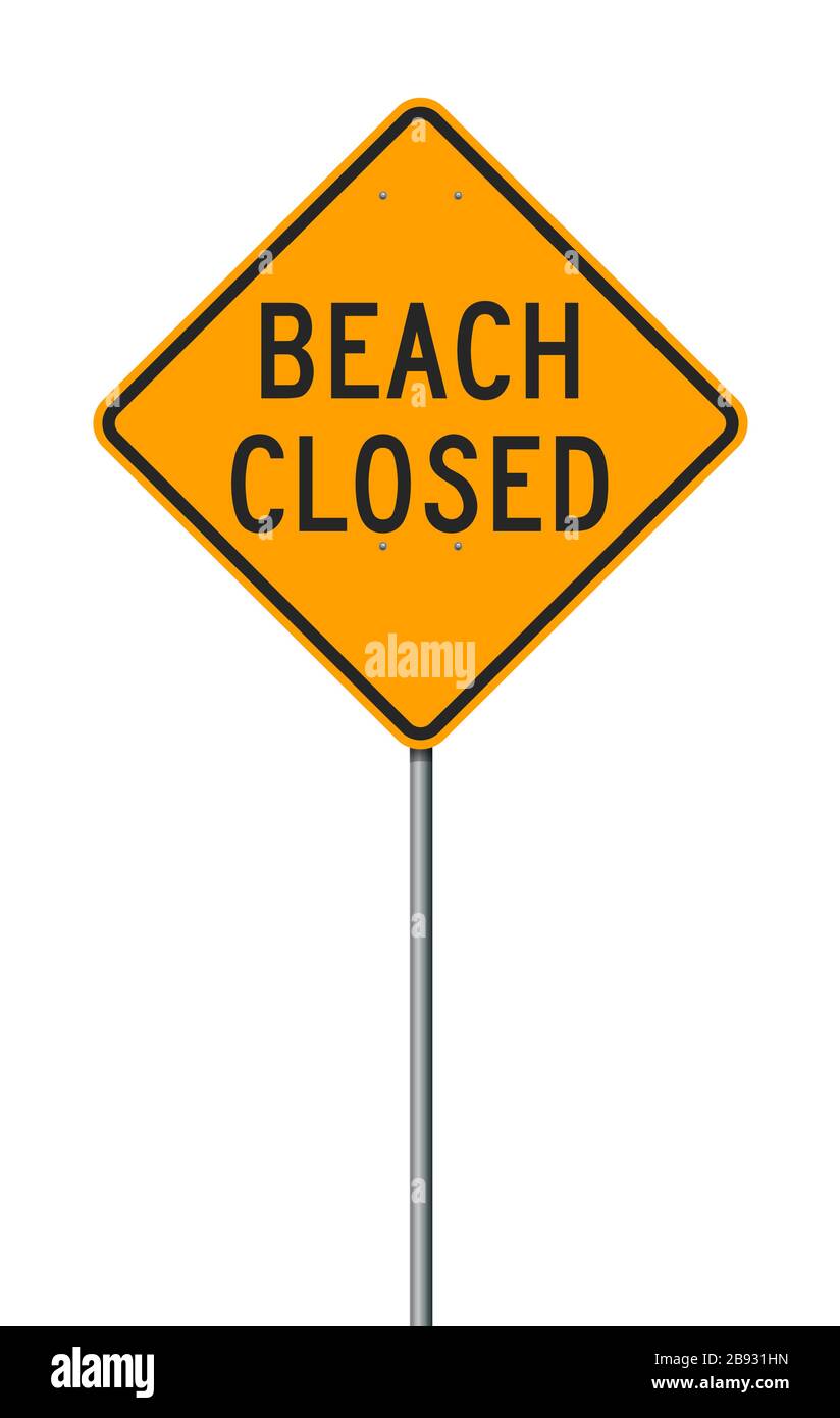 Vector illustration of the Beach Closed yellow sign on metallic posts ...