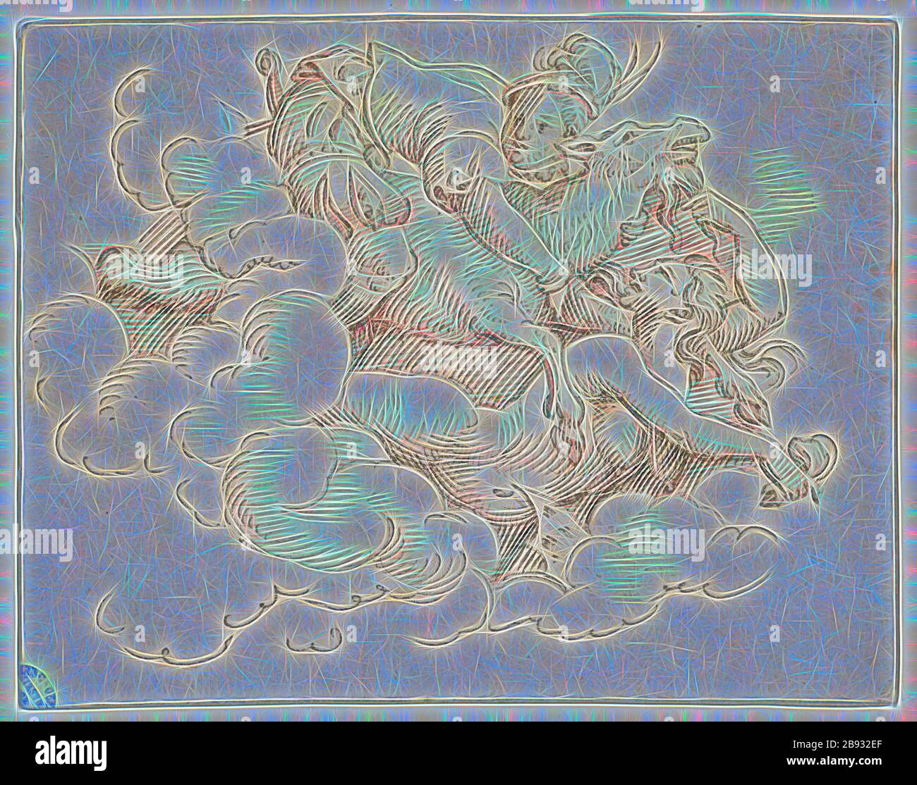 A witch flying to the right carries in clouds a young squire, riding a ...