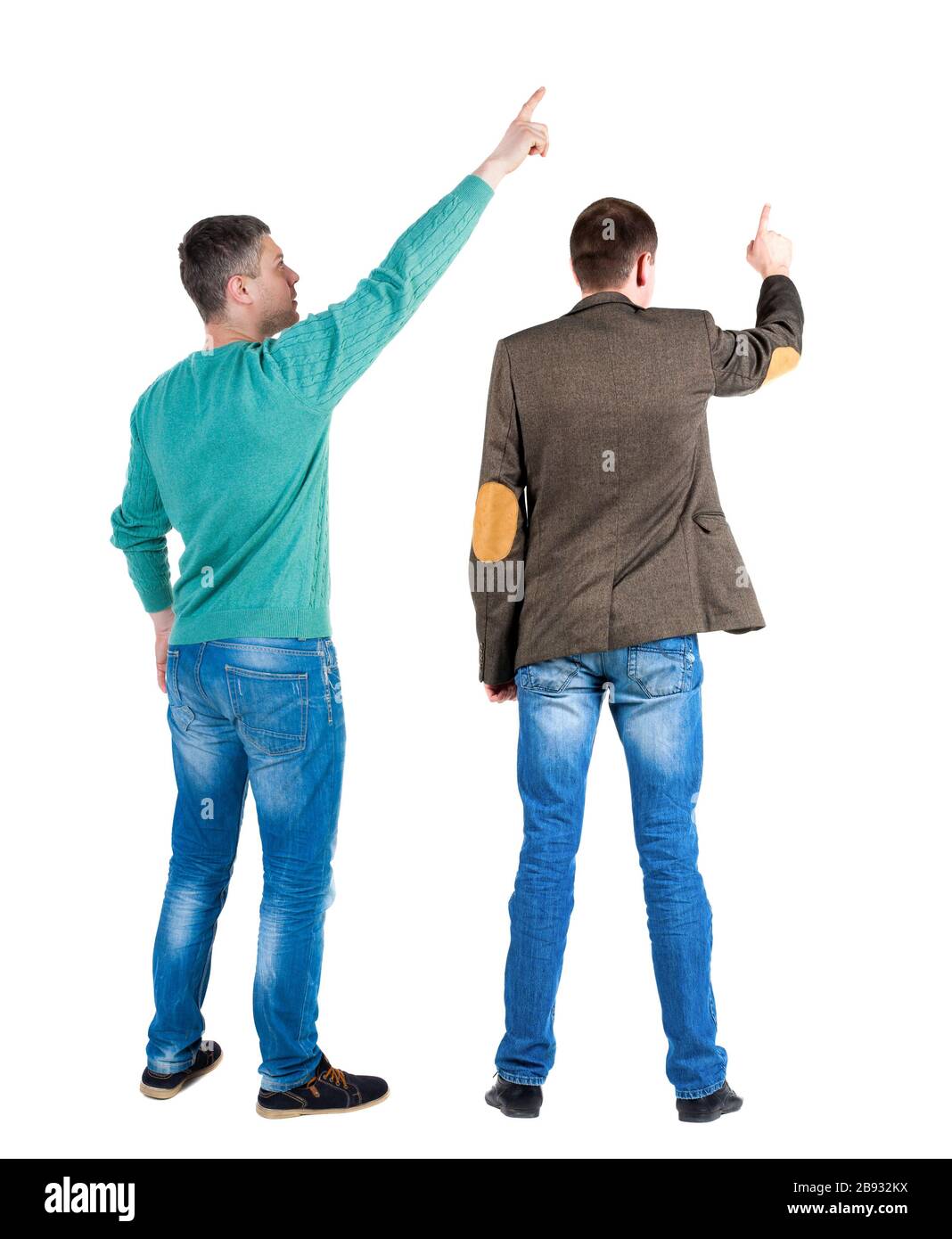 Back view of two man in sweater pointing. Rear view people collection ...