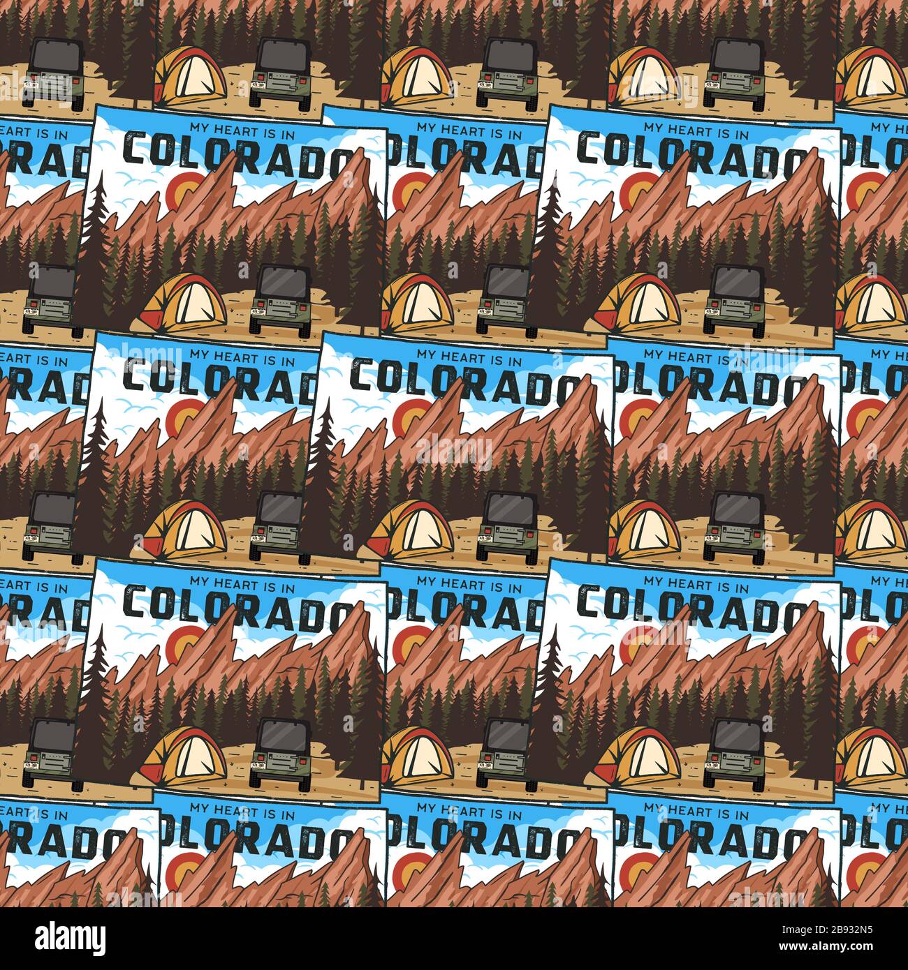 Camping Colorado seamless pattern with camping adventure patches ...