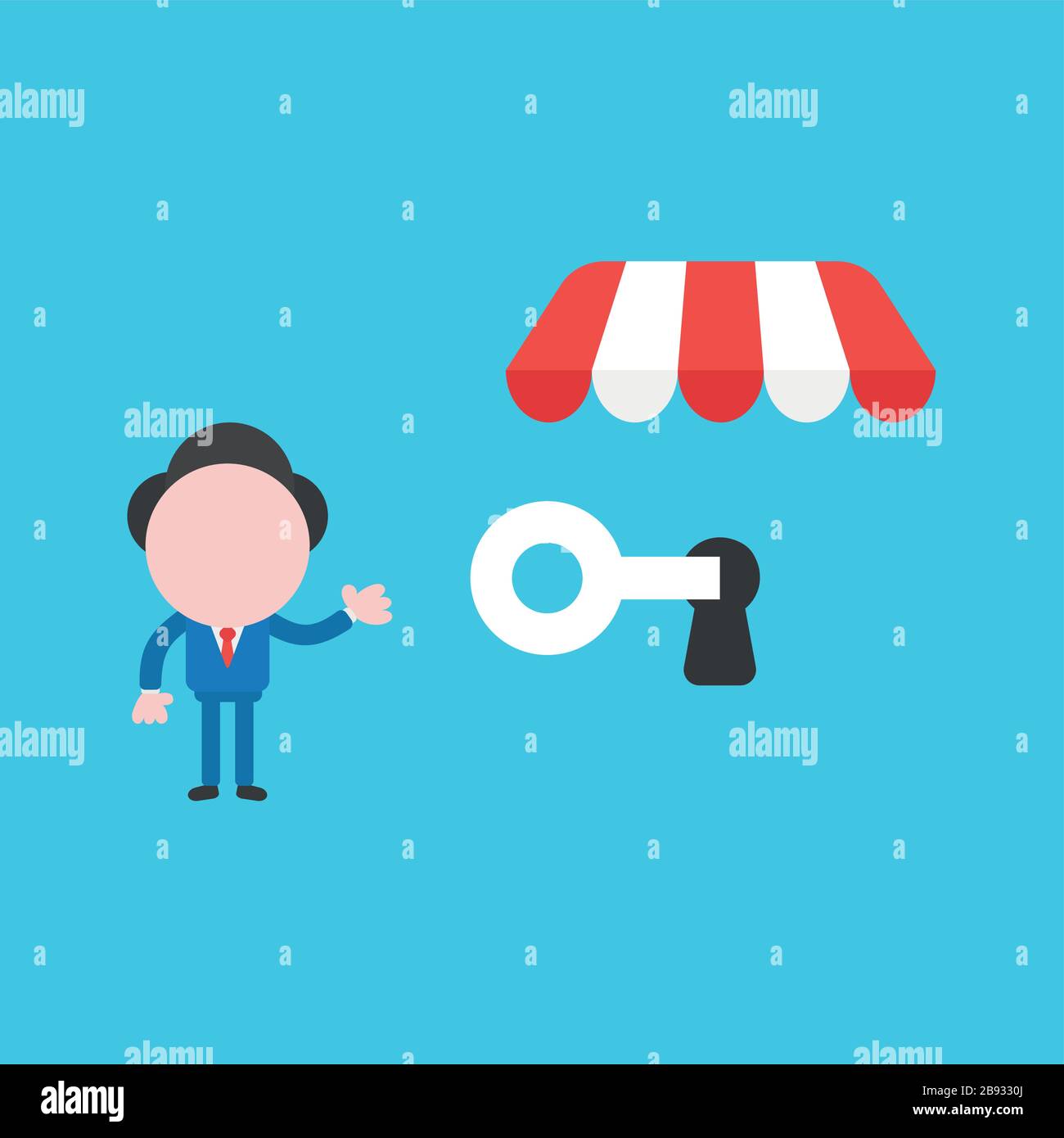 Vector illustration of businessman character showing unlock shop store ...