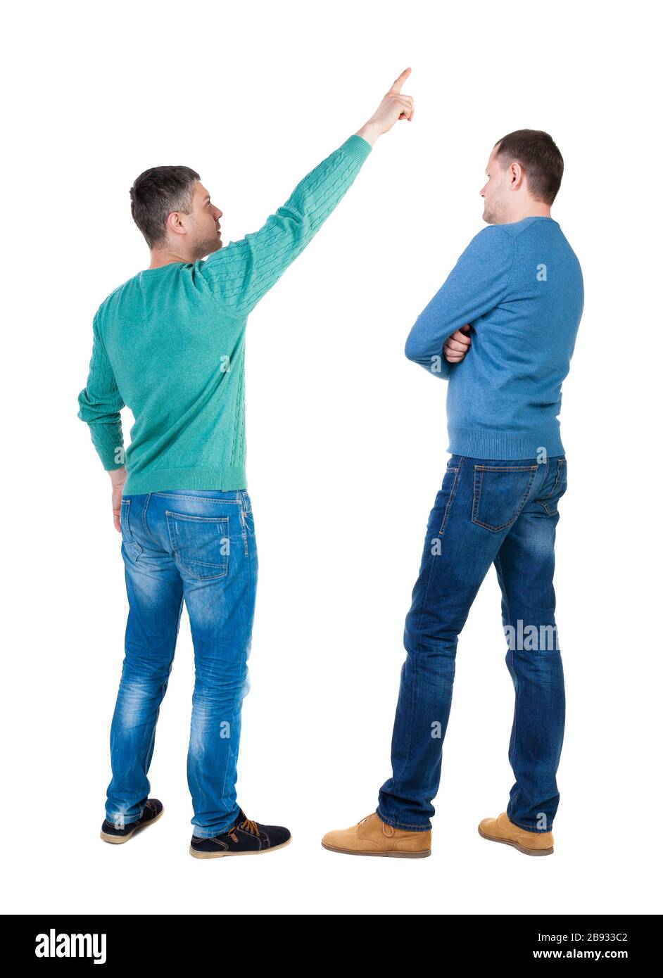 Back view of two man in sweater pointing. Rear view people collection ...