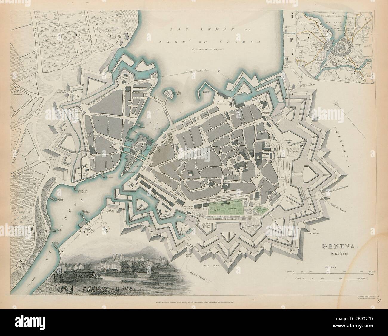 GENEVA GENÈVE GENEVE GENF Antique city town map plan & environs SDUK ...