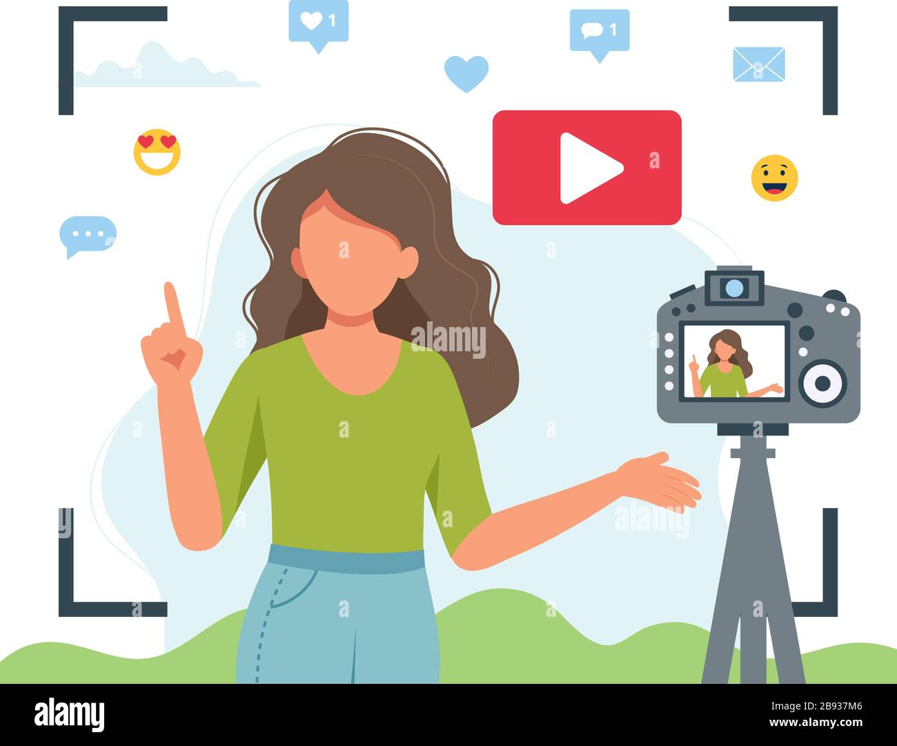 Video blogger recording video with camera. Different social media icons ...