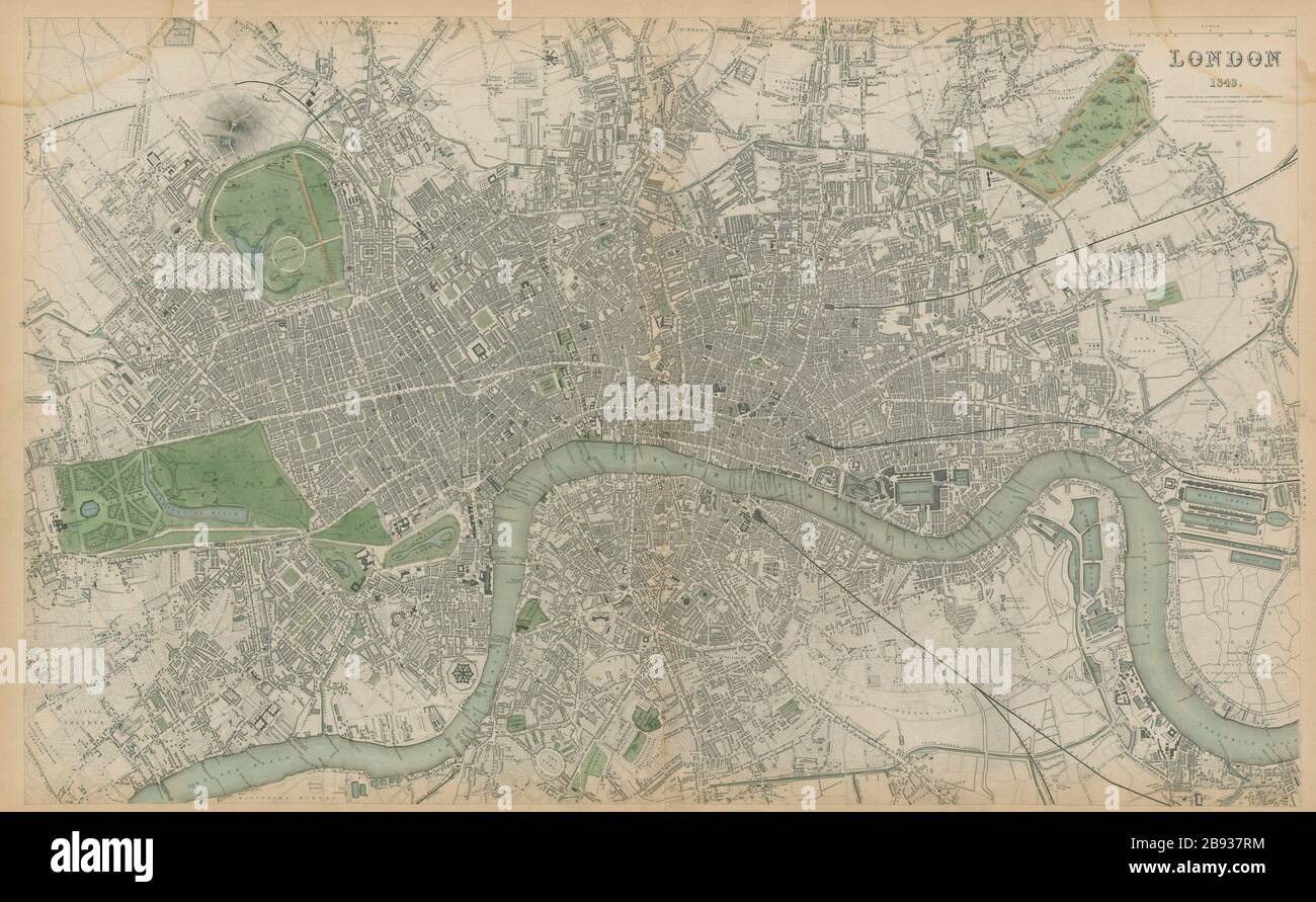 LONDON in 1843 antique city town map plan LARGE 65x40 cm SDUK 1844 old ...