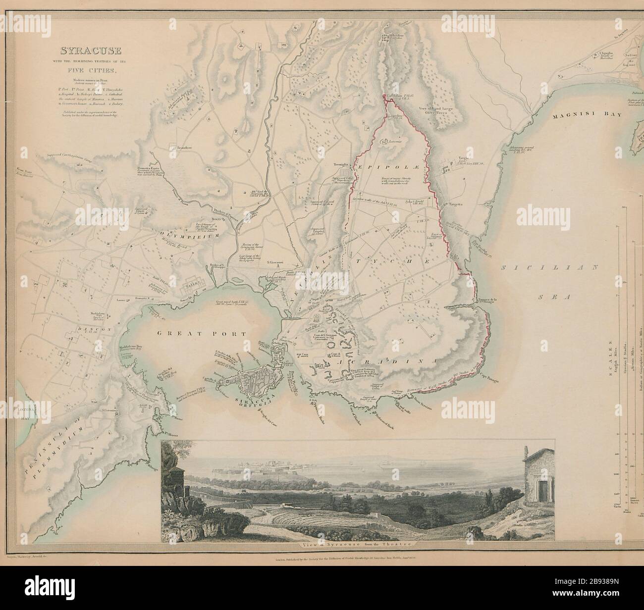 SYRACUSE SIRACUSA Antique city town map plan. Remains of 5 cities. SDUK ...