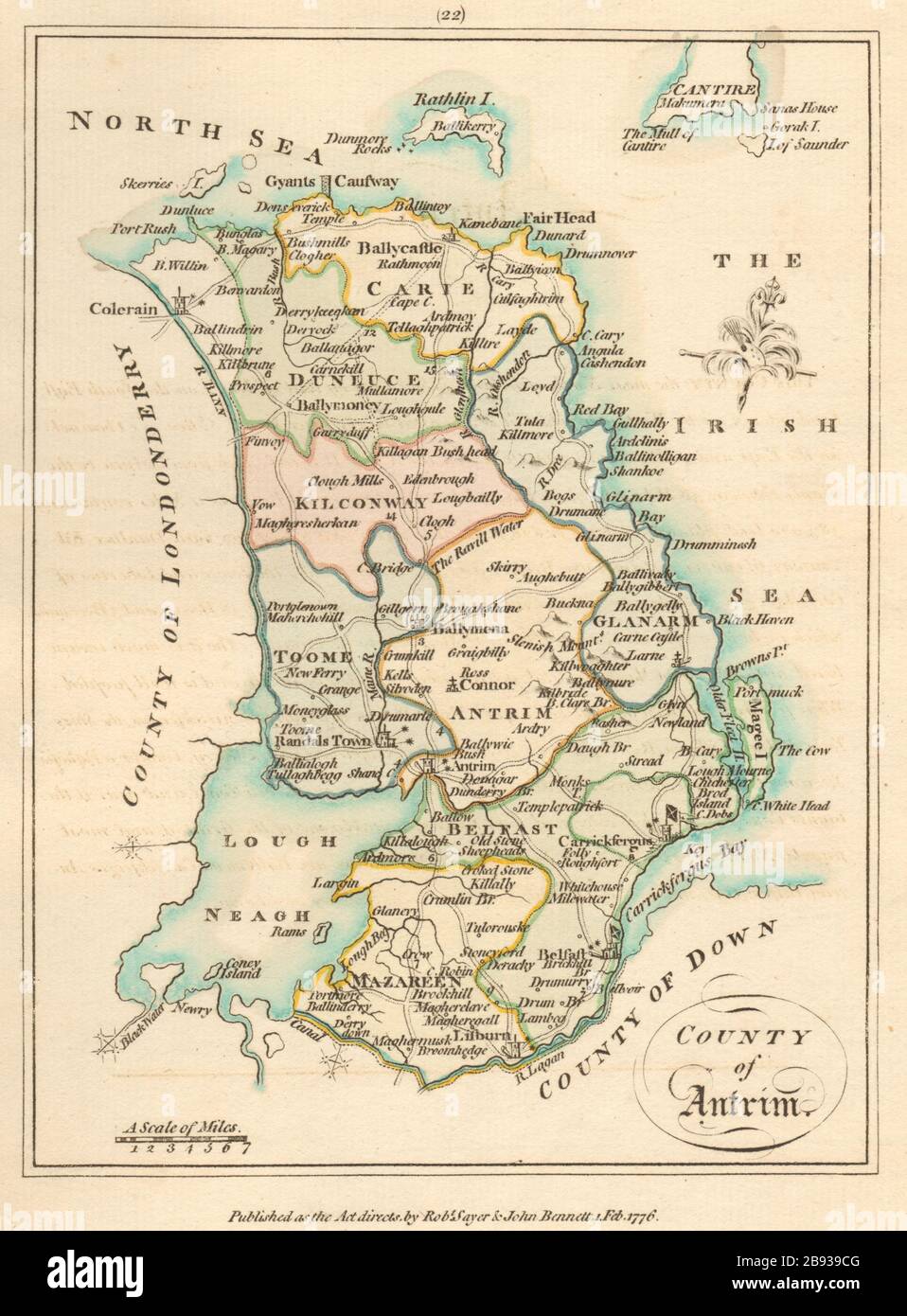 County of Antrim, Ulster. Antique copperplate map by Scalé / Sayer 1776 ...