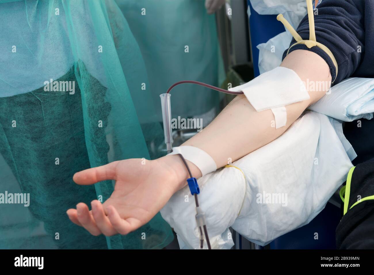 Close up arm of a man who donates blood. Male donor gives blood in a ...