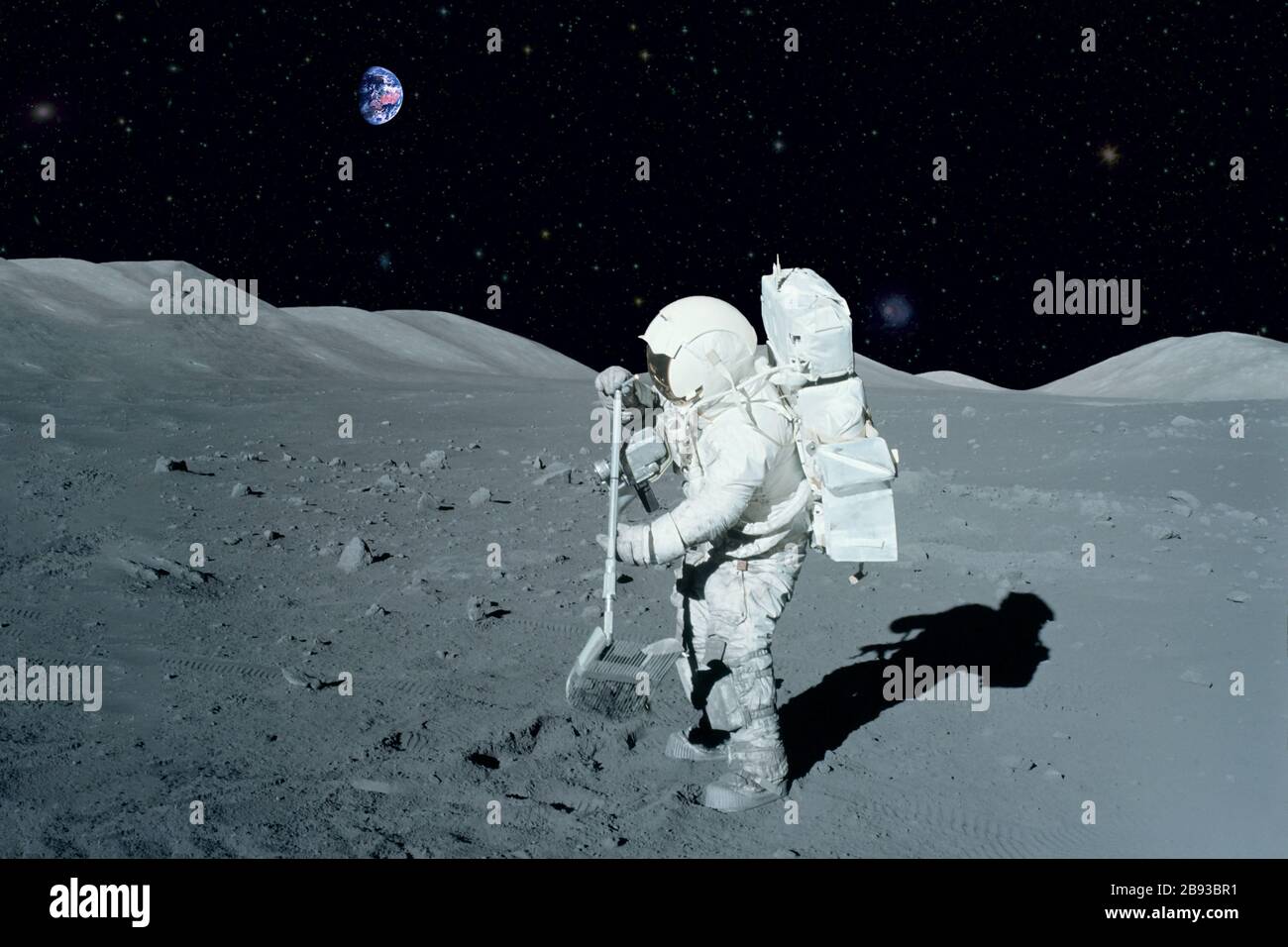 Astronaut near the moon rover on the moon. With land on the horizon ...